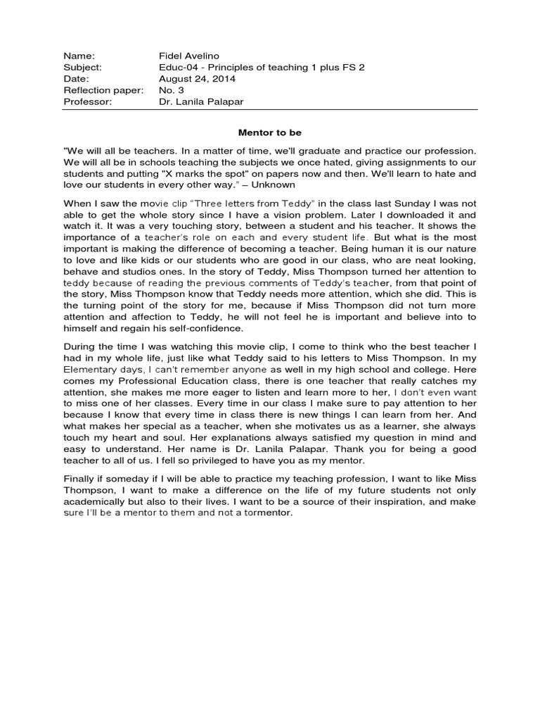 Reflection Paper 3 Letters From Teddy | PDF | Mentorship | Teachers