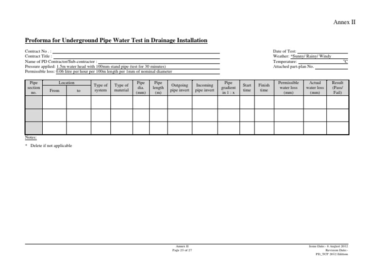 Proforma for Underground Pipe Water Test in Drainage Installation