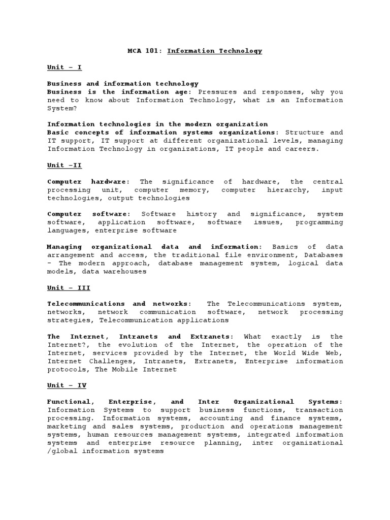 MCA 101: Information Technology Unit - I Business and Information | PDF ...