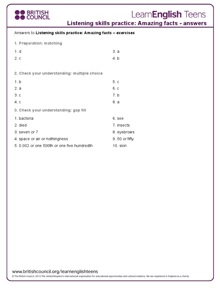 Listening Skills Practice: Amazing Facts - Answers: 1. Preparation ...