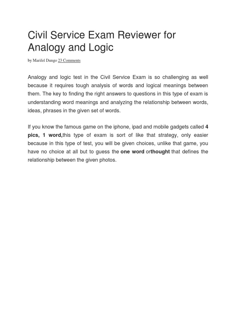 Civil Service Exam Reviewer for Analogy and Logic | Analogy | Test ... Civil Service Exam Reviewer for Analogy and Logic | Analogy | Test ...