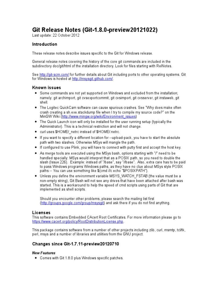 Git Release Notes (Git-1.8.0-Preview20121022) : New Features | PDF ...