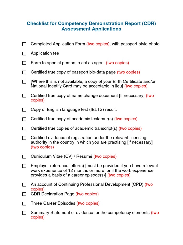 Checklist For Competency Demonstration Report (CDR) Assessment Applications | PDF