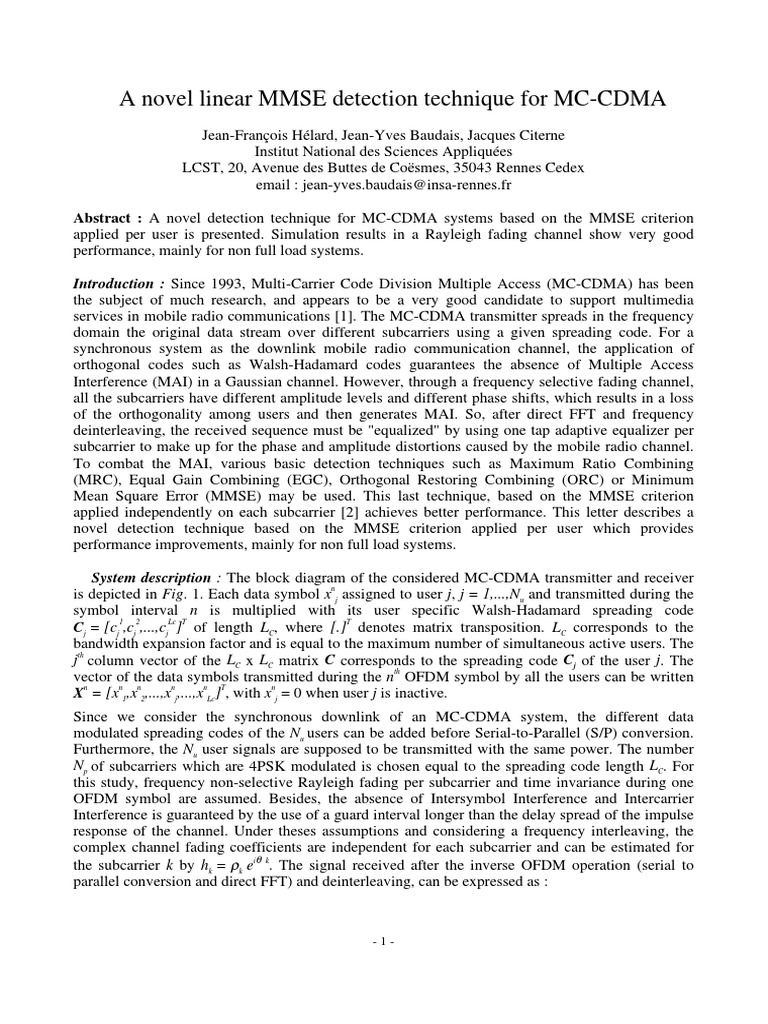 A Novel Linear MMSE Detection Technique For MC-CDMA | PDF | Orthogonal Frequency Division ...