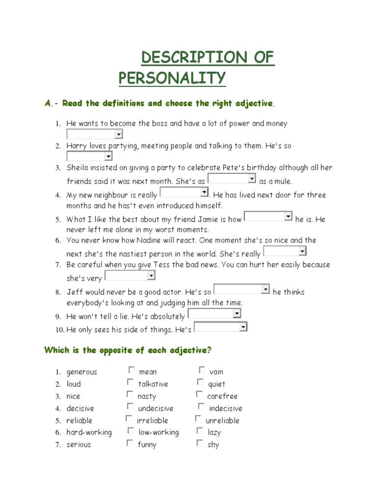 Personality Traits Description Exercises | PDF