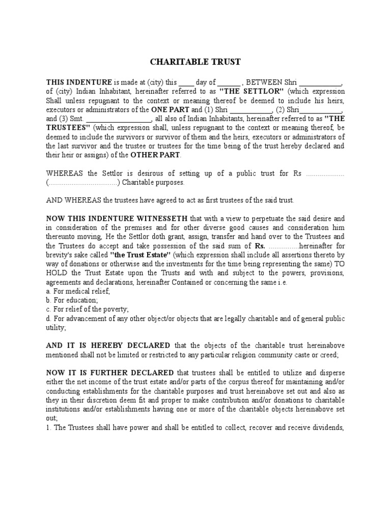 12 Trust Deed For Charitable Trust | PDF | Trustee | Trust Law