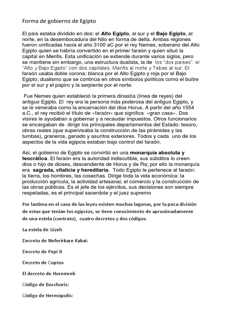 La forma de gobierno absoluta y teocrática del antiguo Egipto bajo el ...