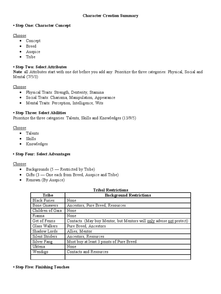 Character Creation Chart - Garou | PDF