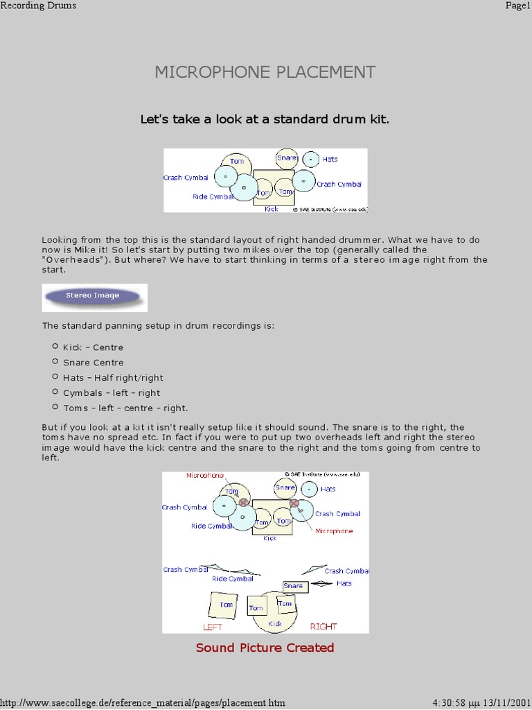 Mic Placement On Drums PDF | PDF | Drum Kit | Percussion Instruments