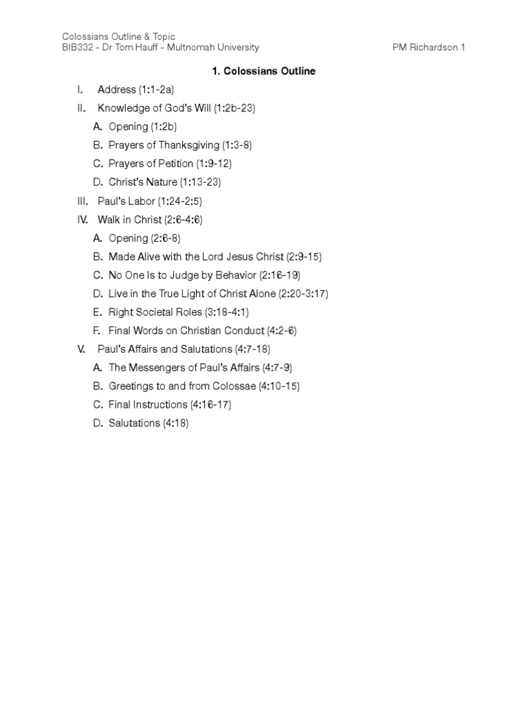 Colossians Outline and Topic | PDF | Epistle To The Colossians | Paul ...