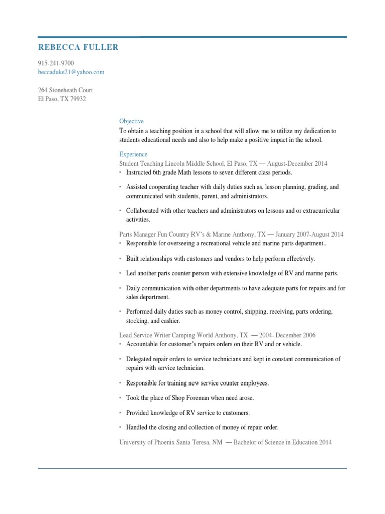 Teaching Position Resume for Rebecca Fuller | PDF
