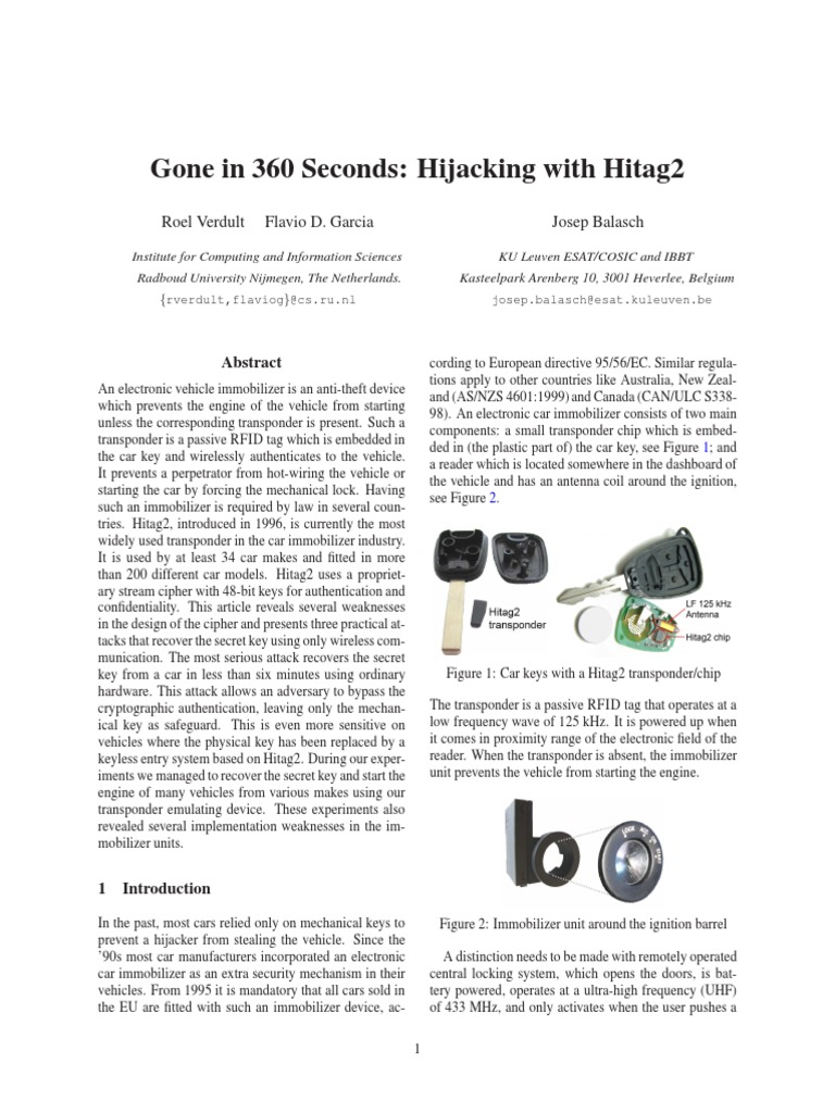Hitag2 Vulnerabilities in Vehicle Security | PDF | Key (Cryptography ...