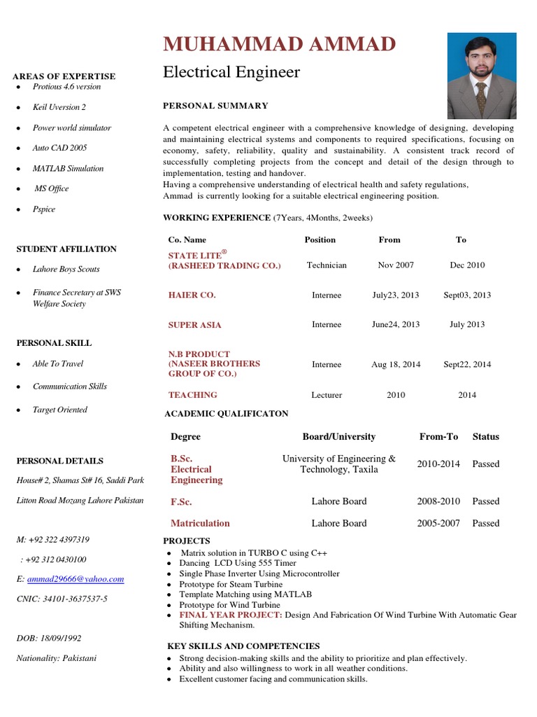 Muhammad Ammad: Electrical Engineer | PDF | Lahore | Engineering