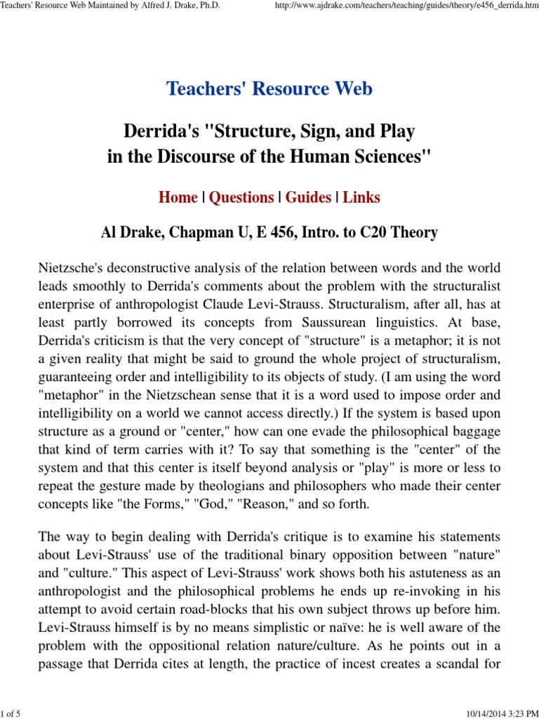 Teachers' Resource Derrida Structure Sign and Play | PDF ...