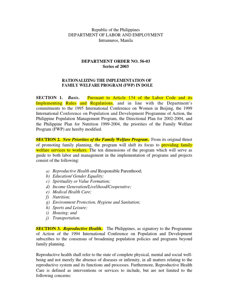 Department Order 56-03 | PDF | Reproductive Health | Welfare