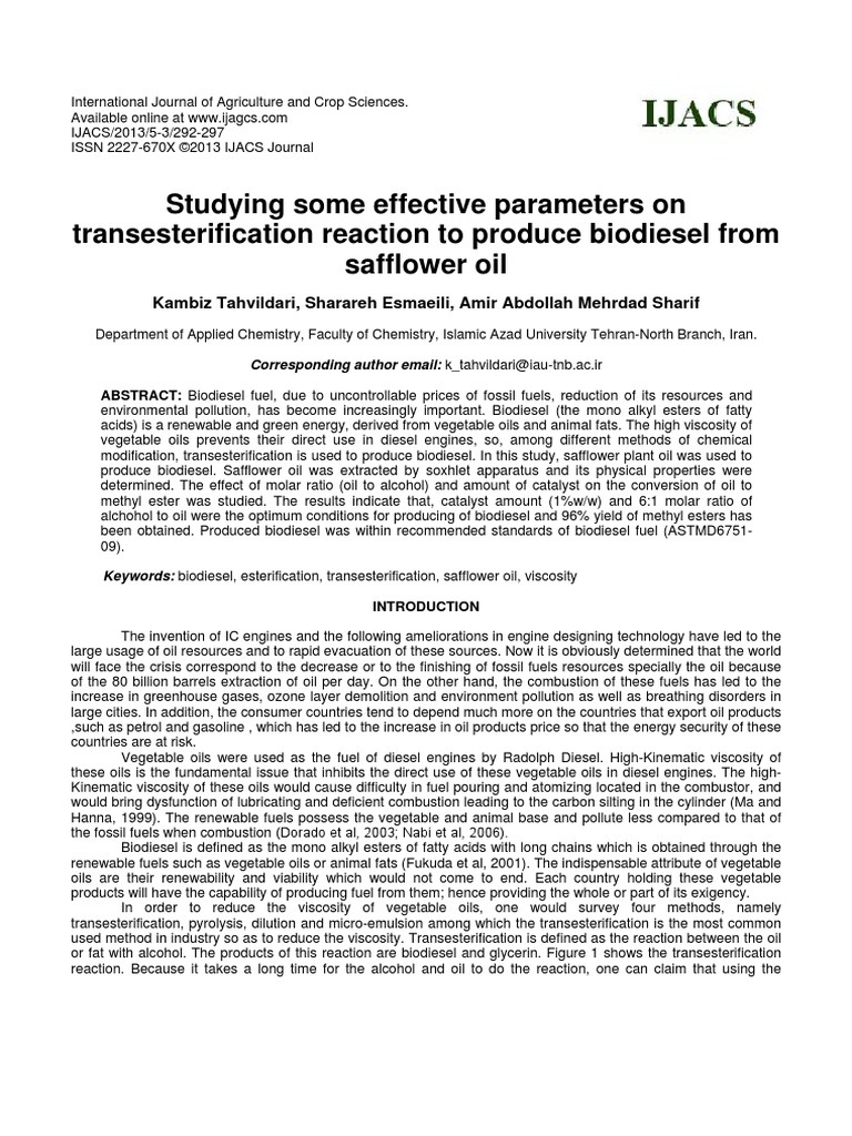 Parameters In Transesterification Reactions Pdf Biodiesel Ester