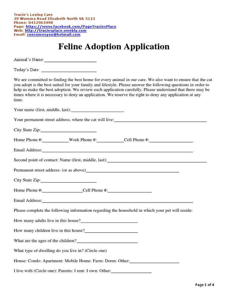 Feline Adoption Application Form | PDF | Veterinary Physician | Pet