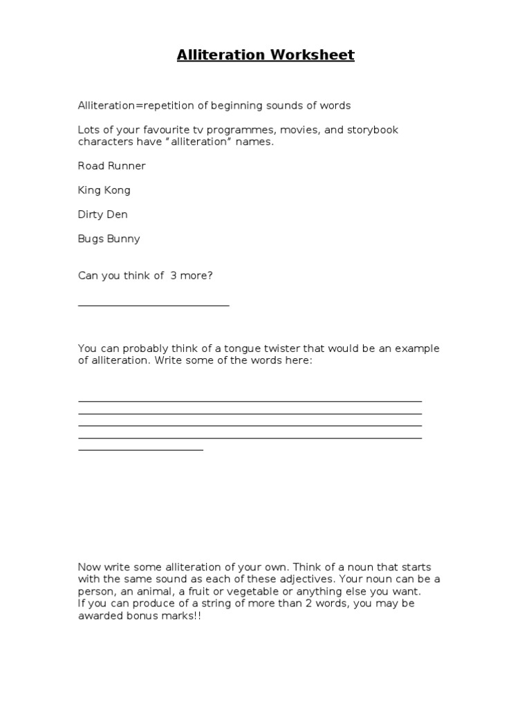 Alliteration Worksheet for 2nd Graders | PDF