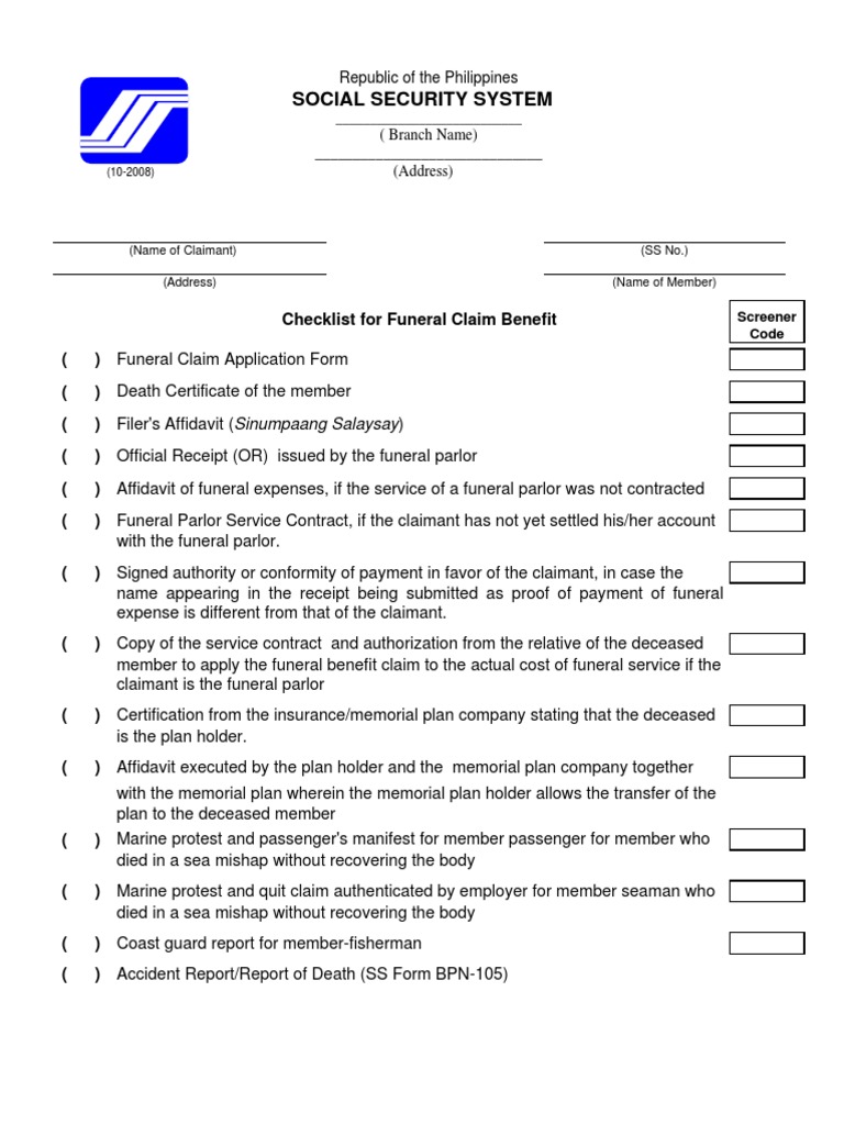 SSS funeral checklist | Identity Document | Government And Personhood