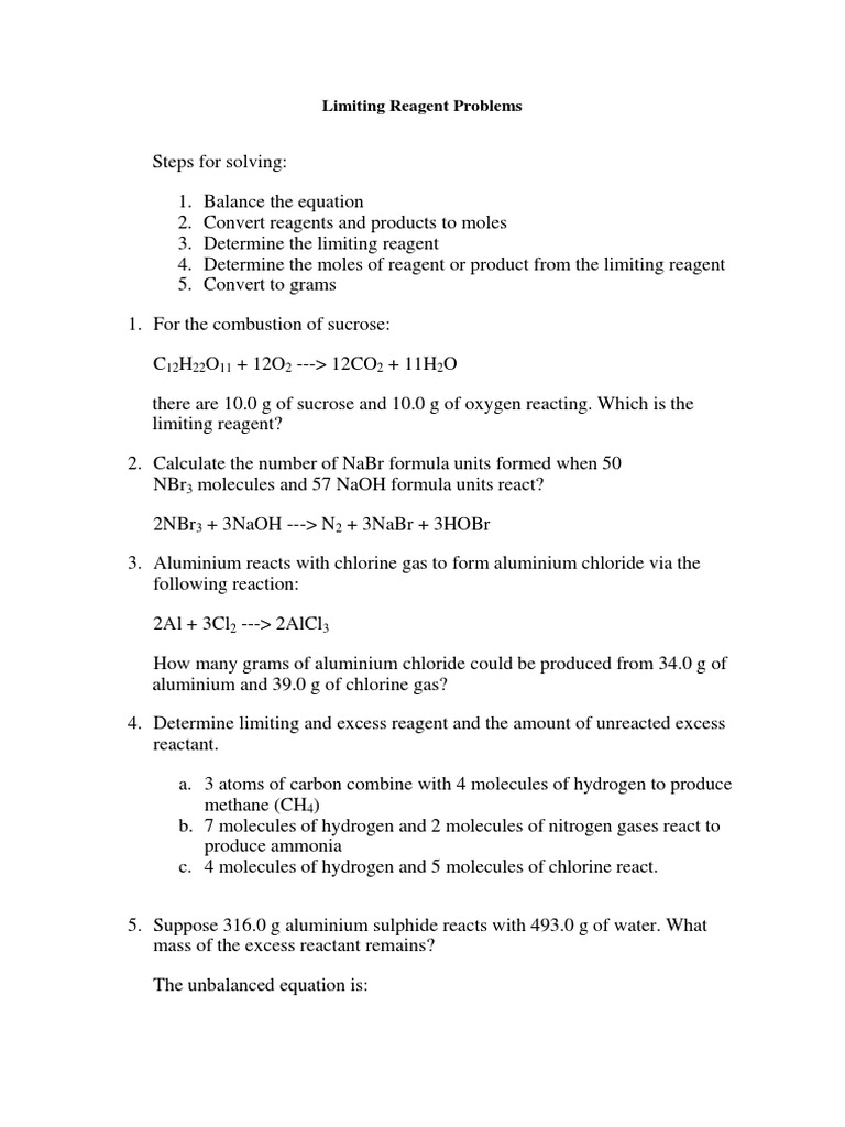 Limiting Reagent Problems | PDF | Mole (Unit) | Atoms