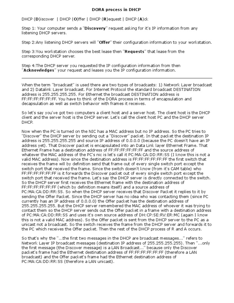 DORA Process in DHCP DHCP (D) Iscover - DHCP (O) Ffer | PDF | Ip ...