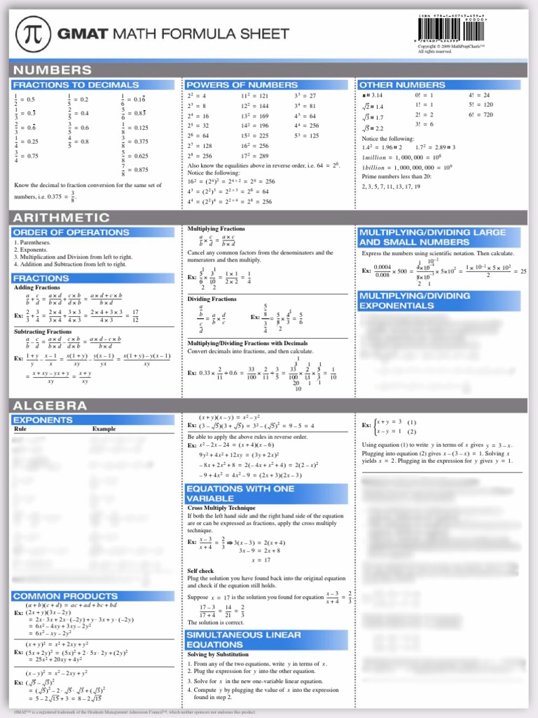 GMAT Math Formula Sheet Preview PDF | PDF | Fraction (Mathematics) | Equations