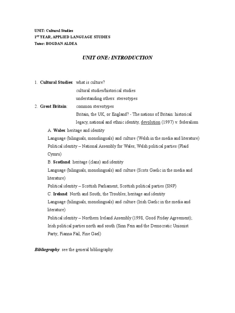 Unit One: Introduction: UNIT: Cultural Studies 1 Year, Applied Language ...