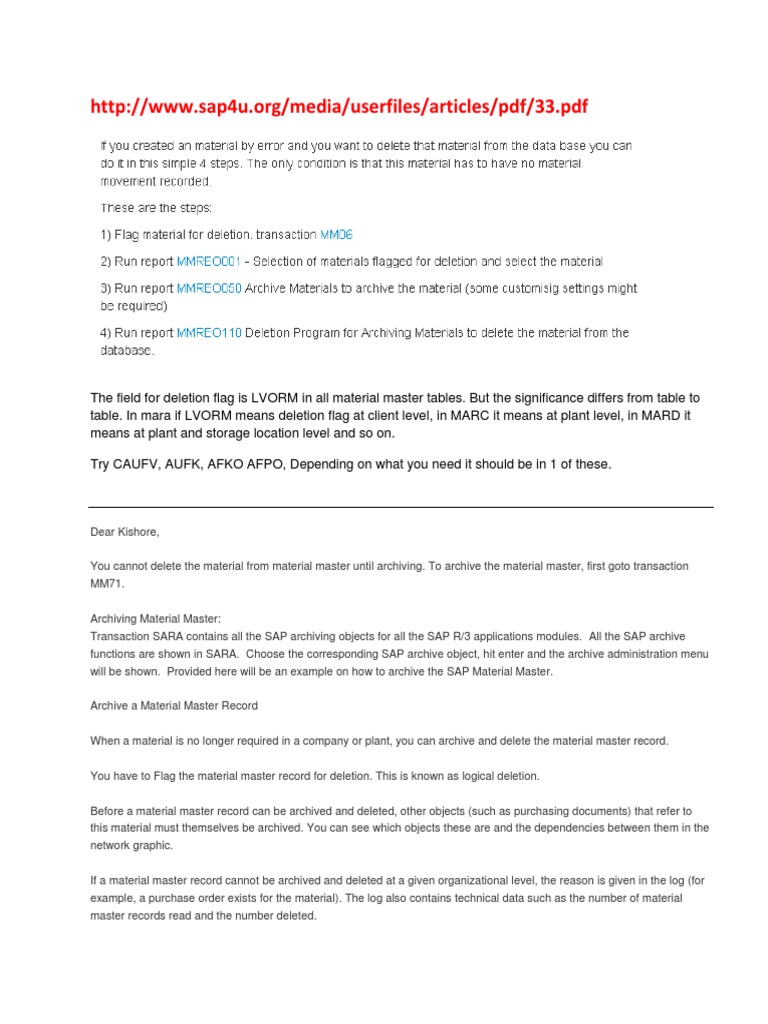 The Field For Deletion Flag Is LVORM in All Material Master Tables | PDF | Databases ...