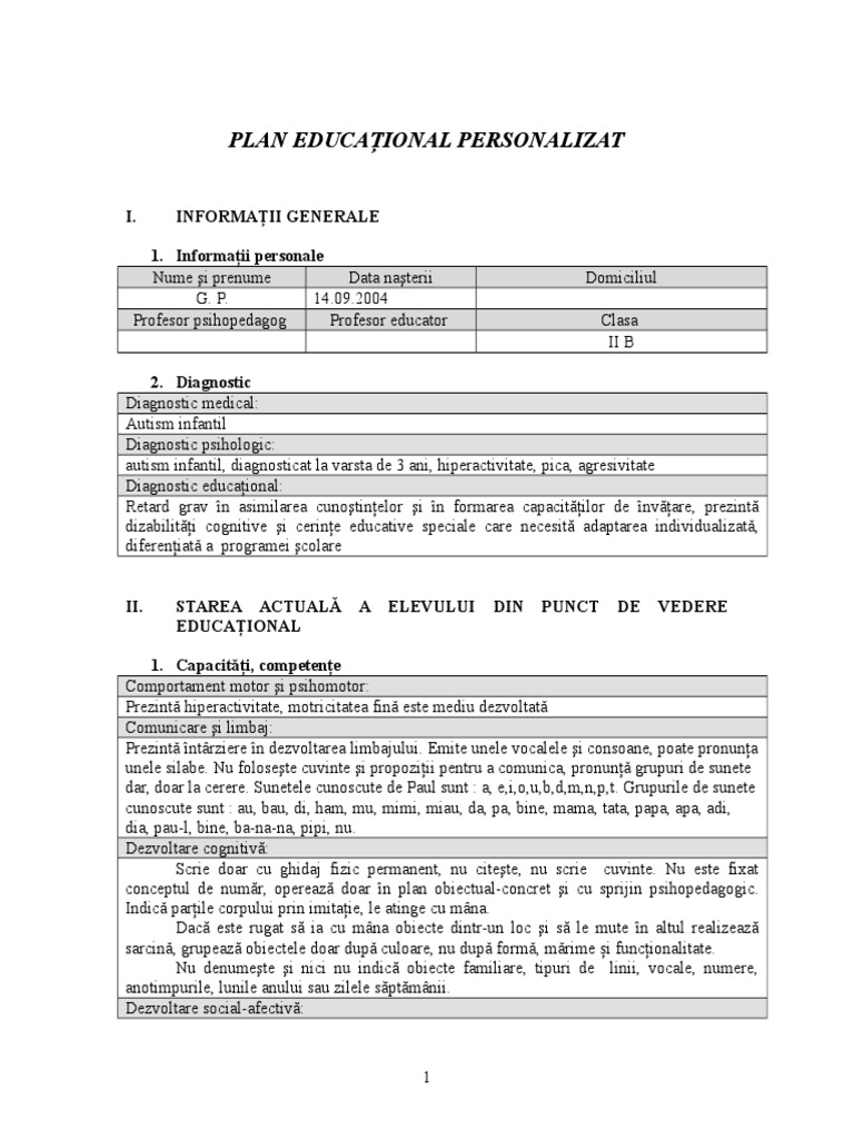 Plan de Interventie Personalizat Copil Cu Autism