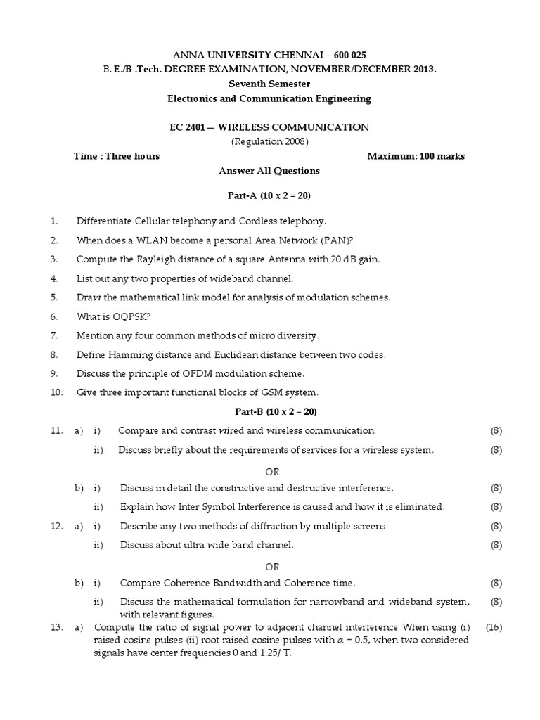 WIRELESS COMMUNICATION QUESTION PAPER 2011 November December | PDF ...