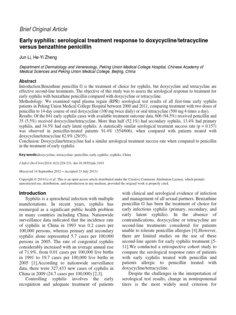 Early Syphilis: Serological Treatment Response To Doxycycline ...