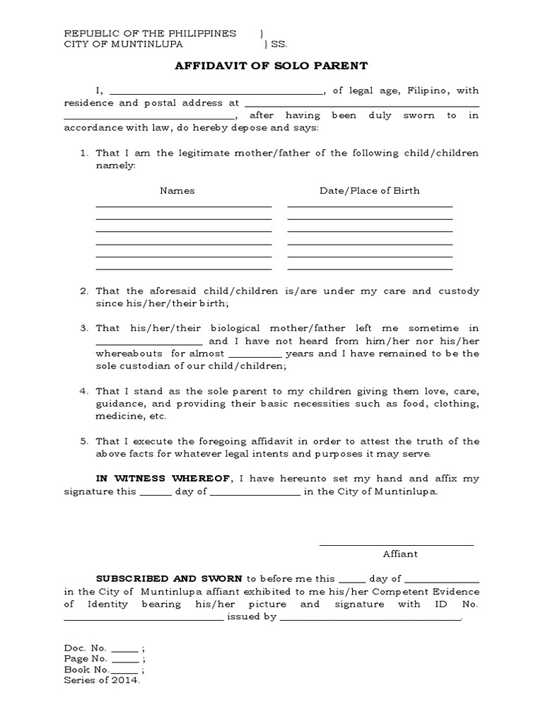 Affidavit of Solo Parent Template | PDF | Social Science