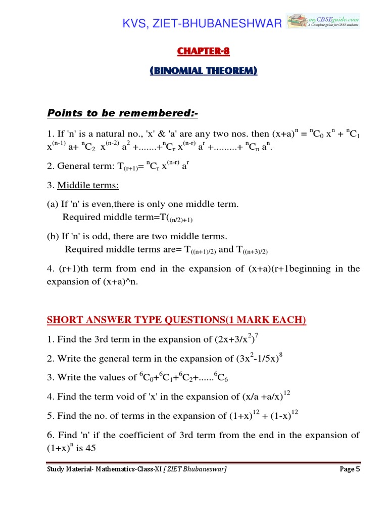 11 Maths Impq 08 Binomial Theorem Kvs | PDF | Mathematical Problem Solving | Functions And Mappings