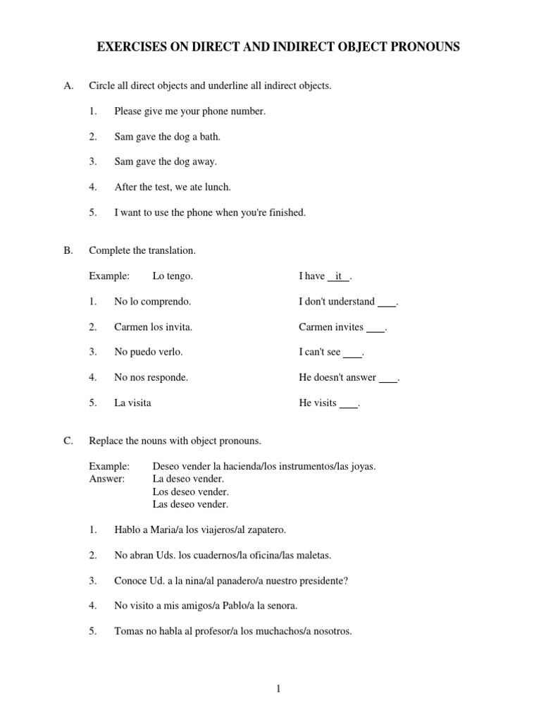 Exercises On Direct and Indirect Object Pronouns PDF | PDF | Artes del ...