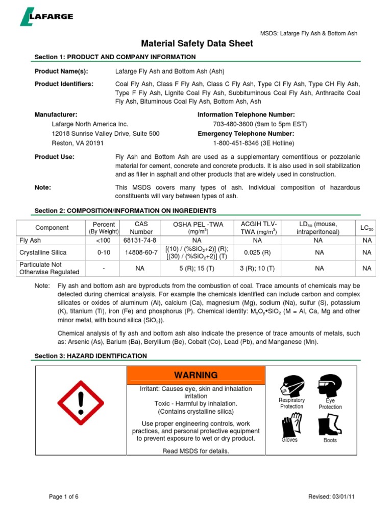 Lafarge Fly Ash Safety Data Sheet | PDF | Fly Ash | Resource Conservation And Recovery Act