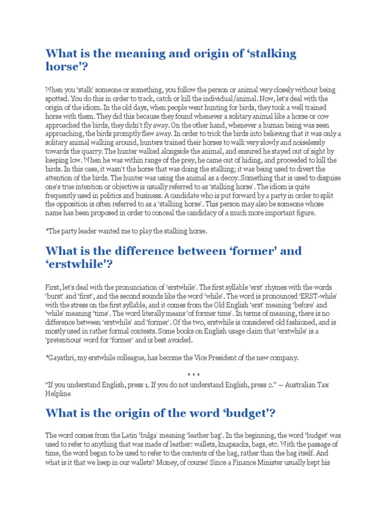 What Is The Meaning and Origin of Stalking Horse'? | PDF | Hunting | Idiom