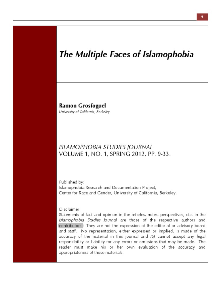 Grosfoguel, Ramon 2012. The Multiple Faces of Islamophobia | PDF | Islamophobia | Discrimination ...
