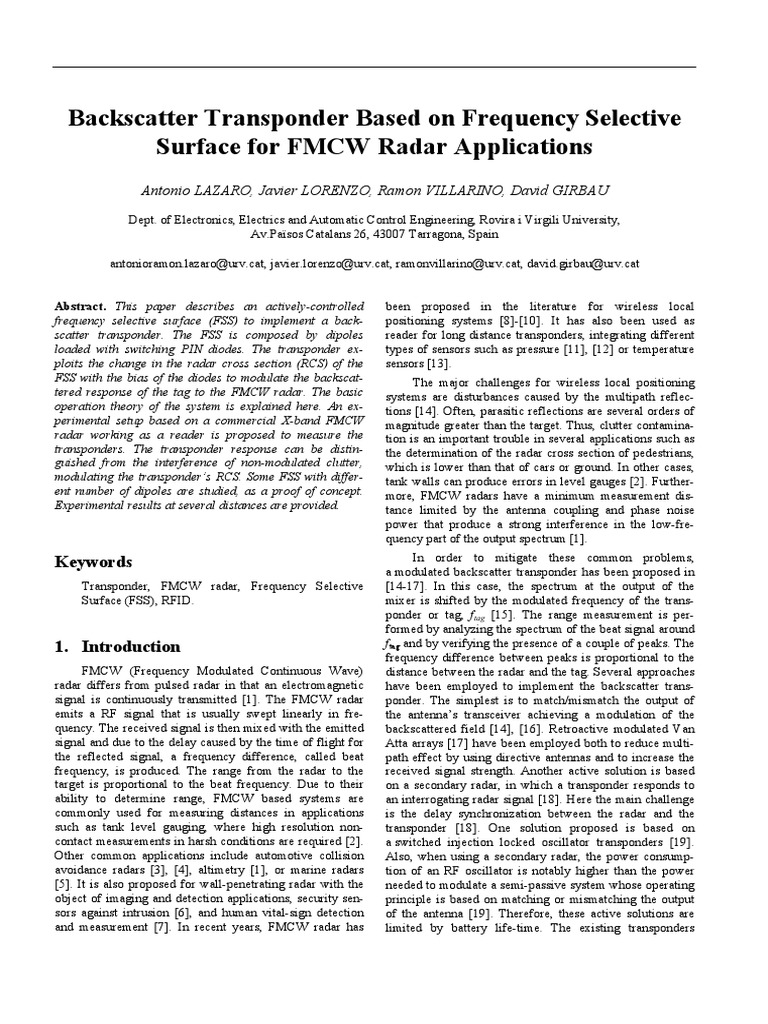 Backscatter Transponder Based On Frequency Selective Surface For FMCW ...