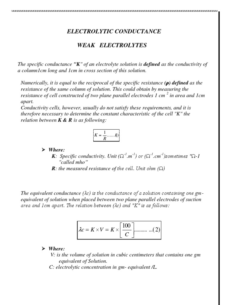 Electrolytic Conductance Weak Electrolytes | PDF | Electromagnetism ...