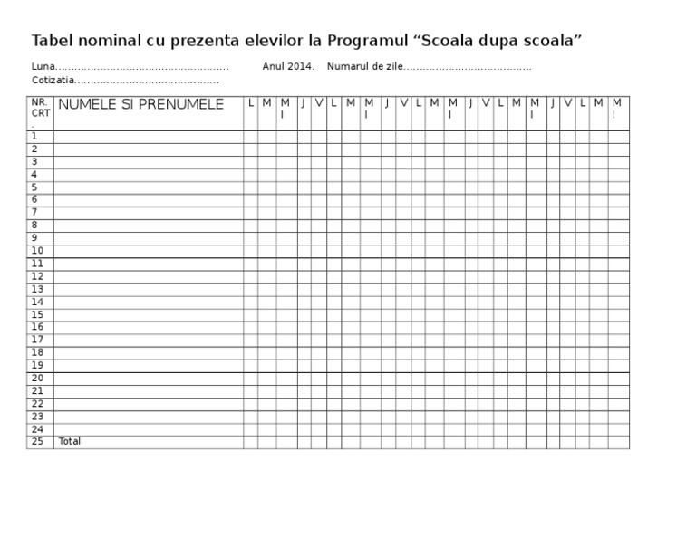 Tabel Nominal Cu Prezenta Elevilor La Programul "Scoala Dupa Scoala" | PDF