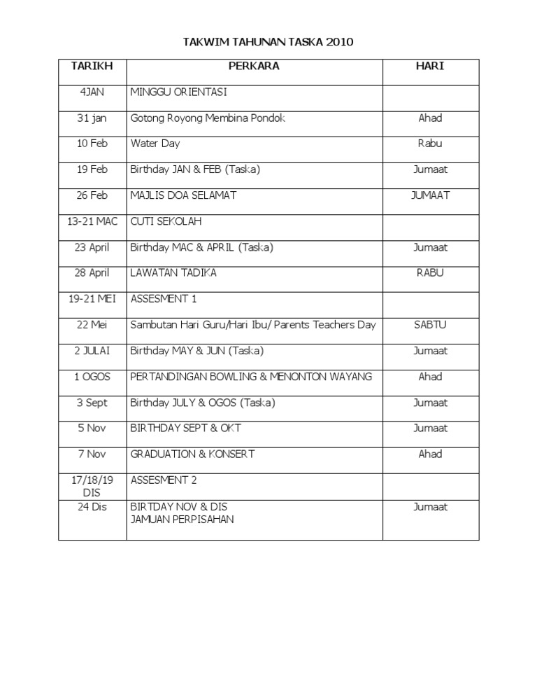 Takwim Tahunan Taska 2010 | PDF