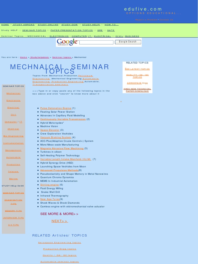 Mechanical Engineering Seminar Topics | PDF | Online Services | Websites
