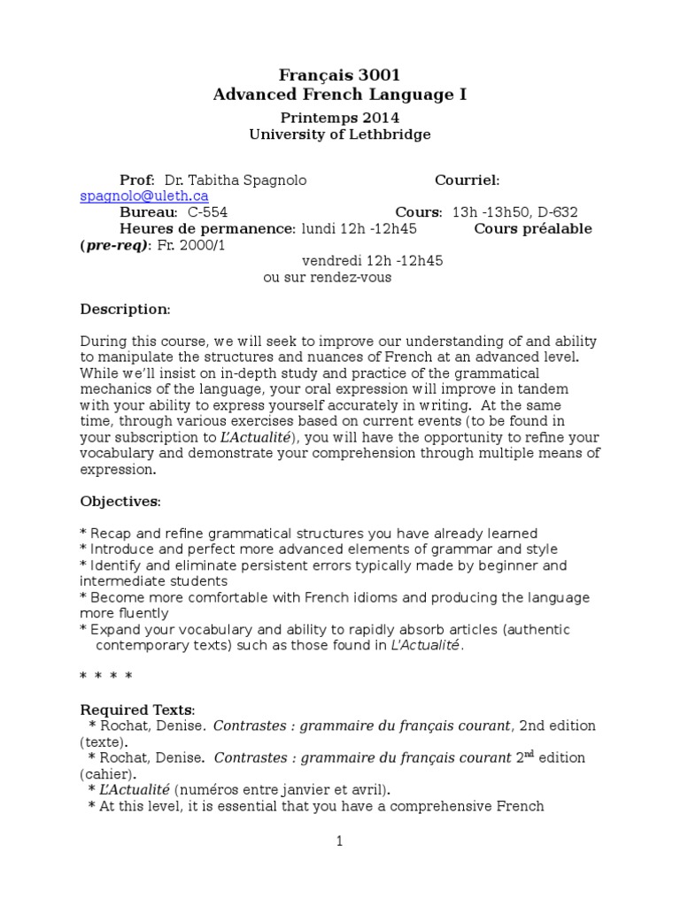 French 3001 - Course Outline | PDF | Grammar | Semiotics