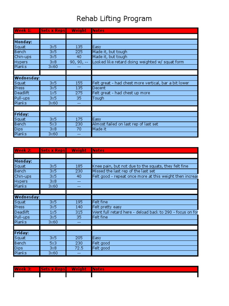 Rehab Lifting Program: Week 1: Sets X Reps Weight Notes Monday | PDF ...