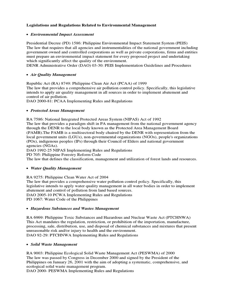 Environmental Legislations and Regulations | PDF | Environmental Impact ...
