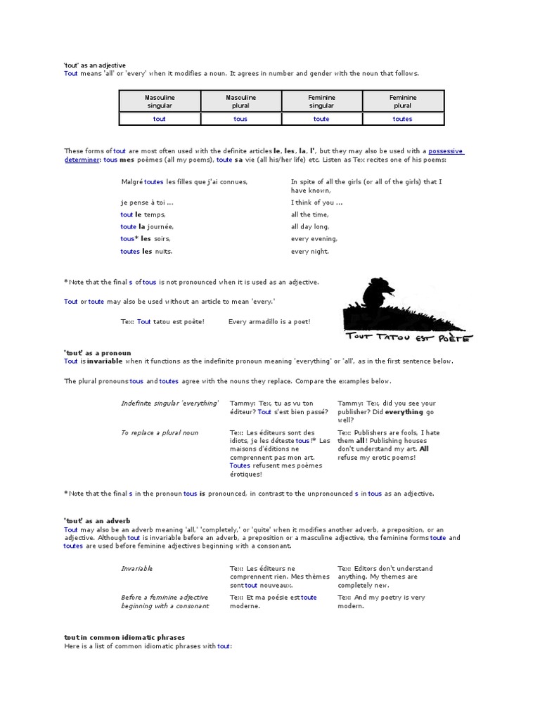 'Tout' As An Adjective Tout Means 'All' or 'Every' When | PDF ...