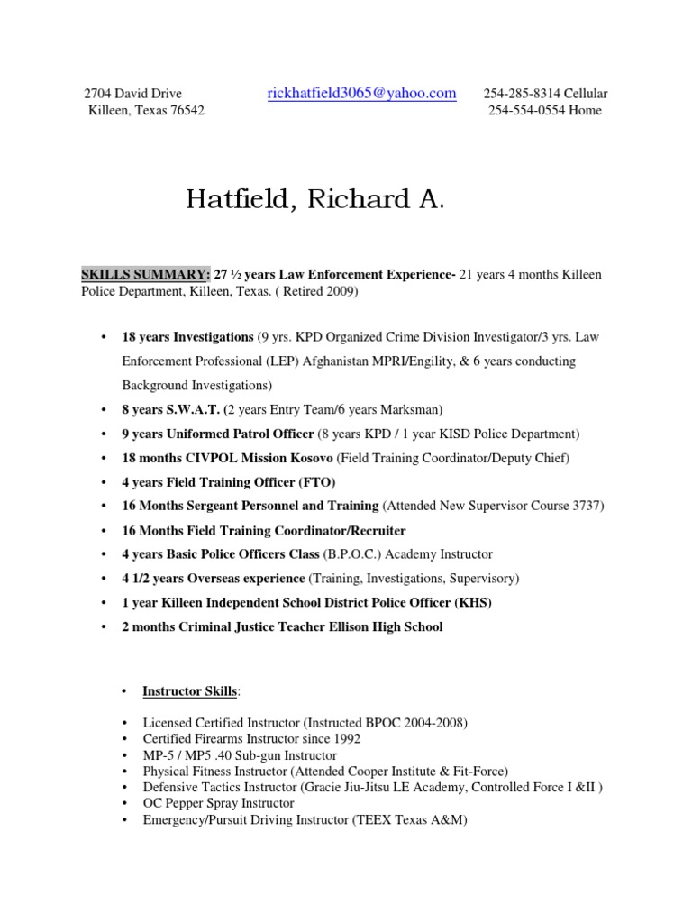 Richard Hatfield: Law Enforcement Resume | PDF | Swat | Police