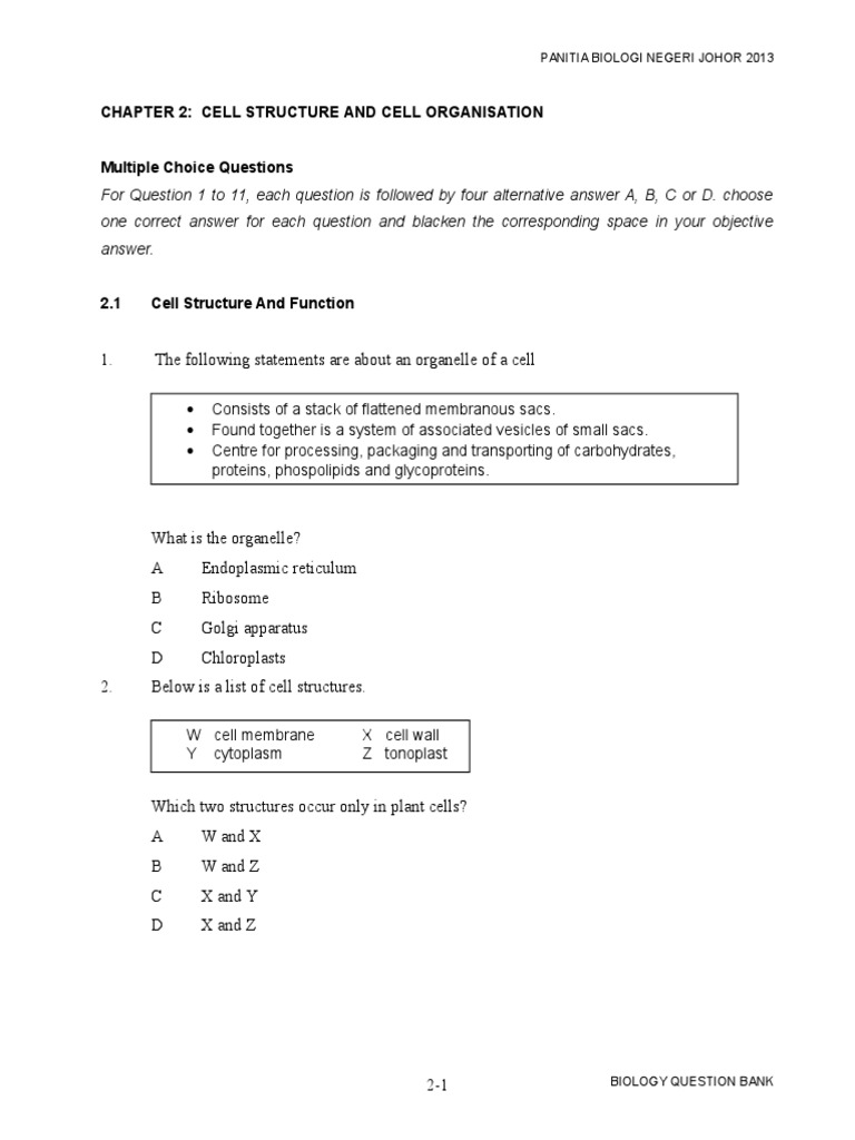 Cell Structure and Organization Quiz | PDF | Tissue (Biology ...