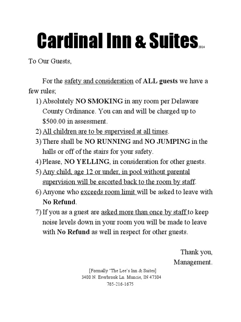 Cardinal Inn Guest Rules & Policies | PDF