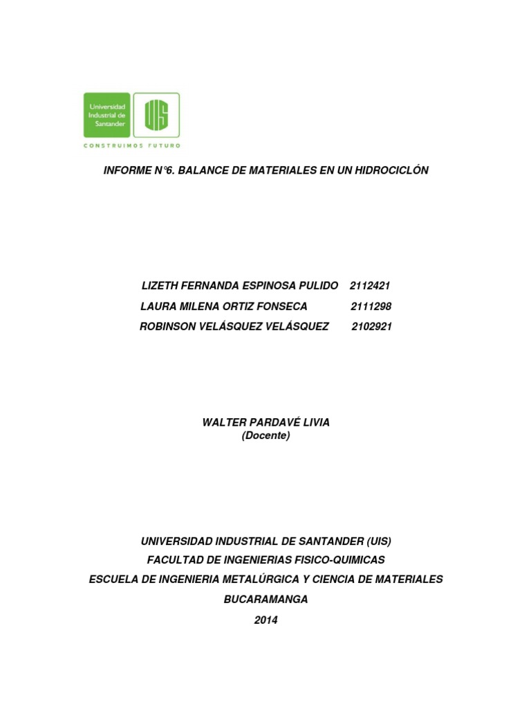 Informe N - 6. Hidrociclon | PDF | Papel | Fases de la materia